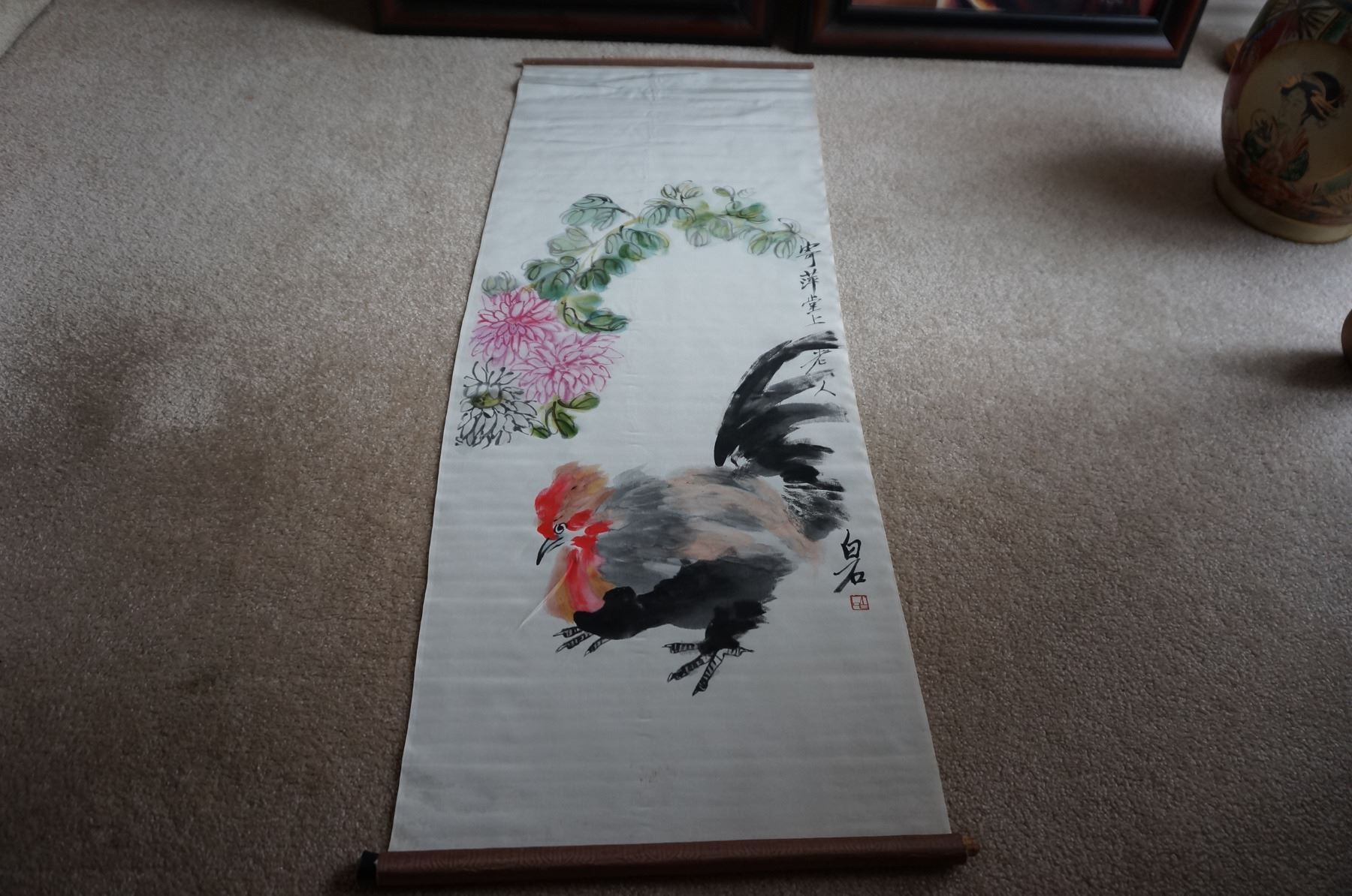 Vintage Asian Silk scroll with hand painted rooster