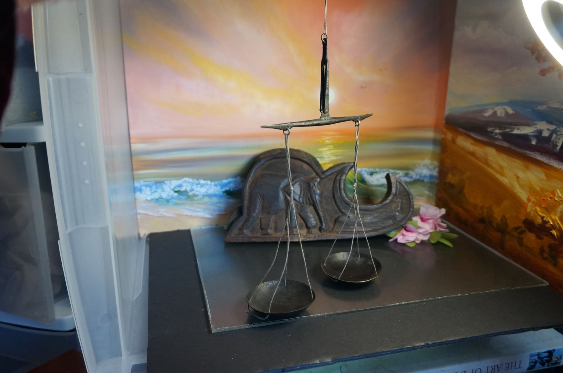 Antique Brass Hand carved wood case hand held scale Weighing Scales L 8 ...