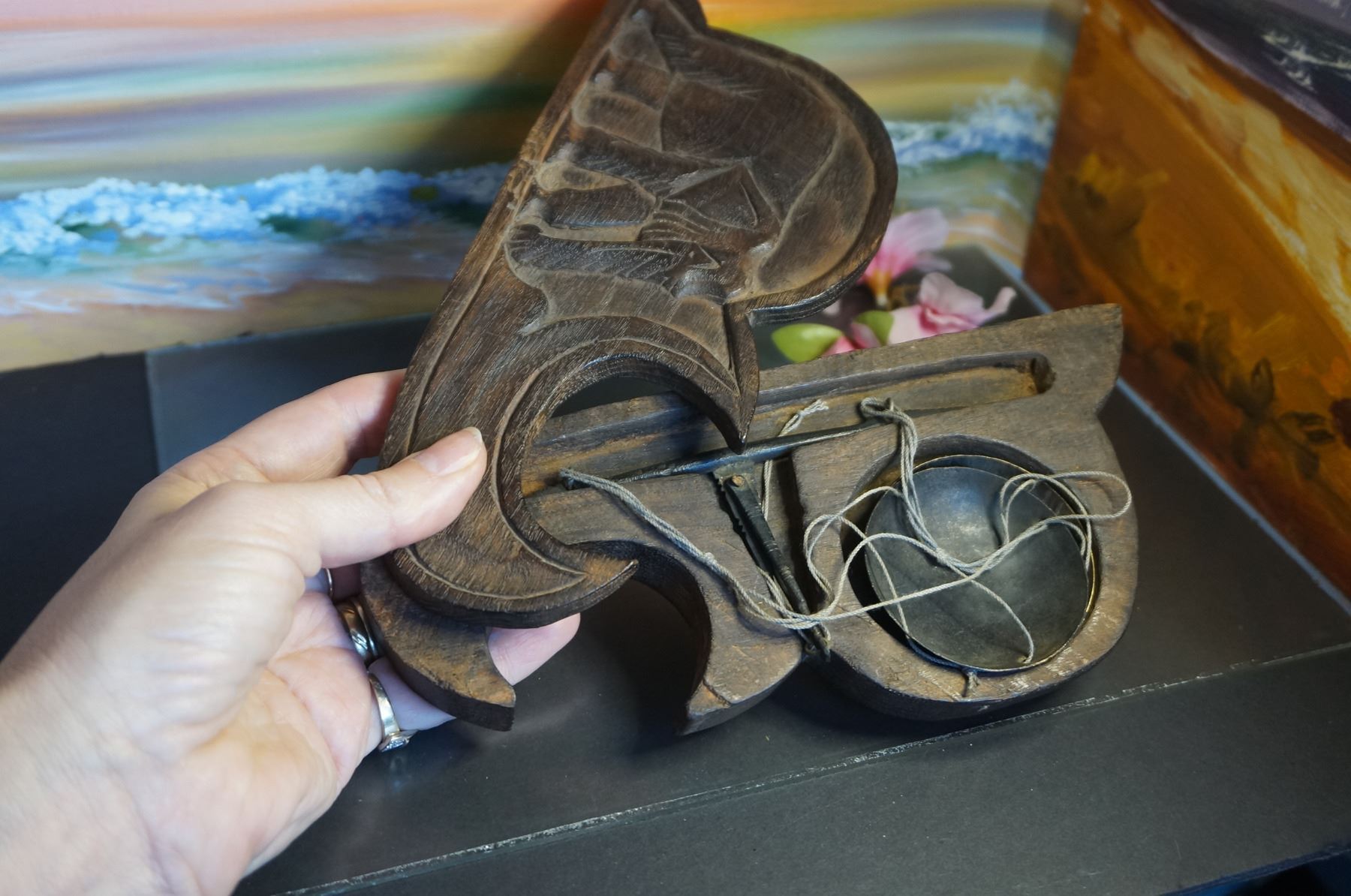 Antique Brass Hand carved wood case hand held scale Weighing Scales L 8 ...