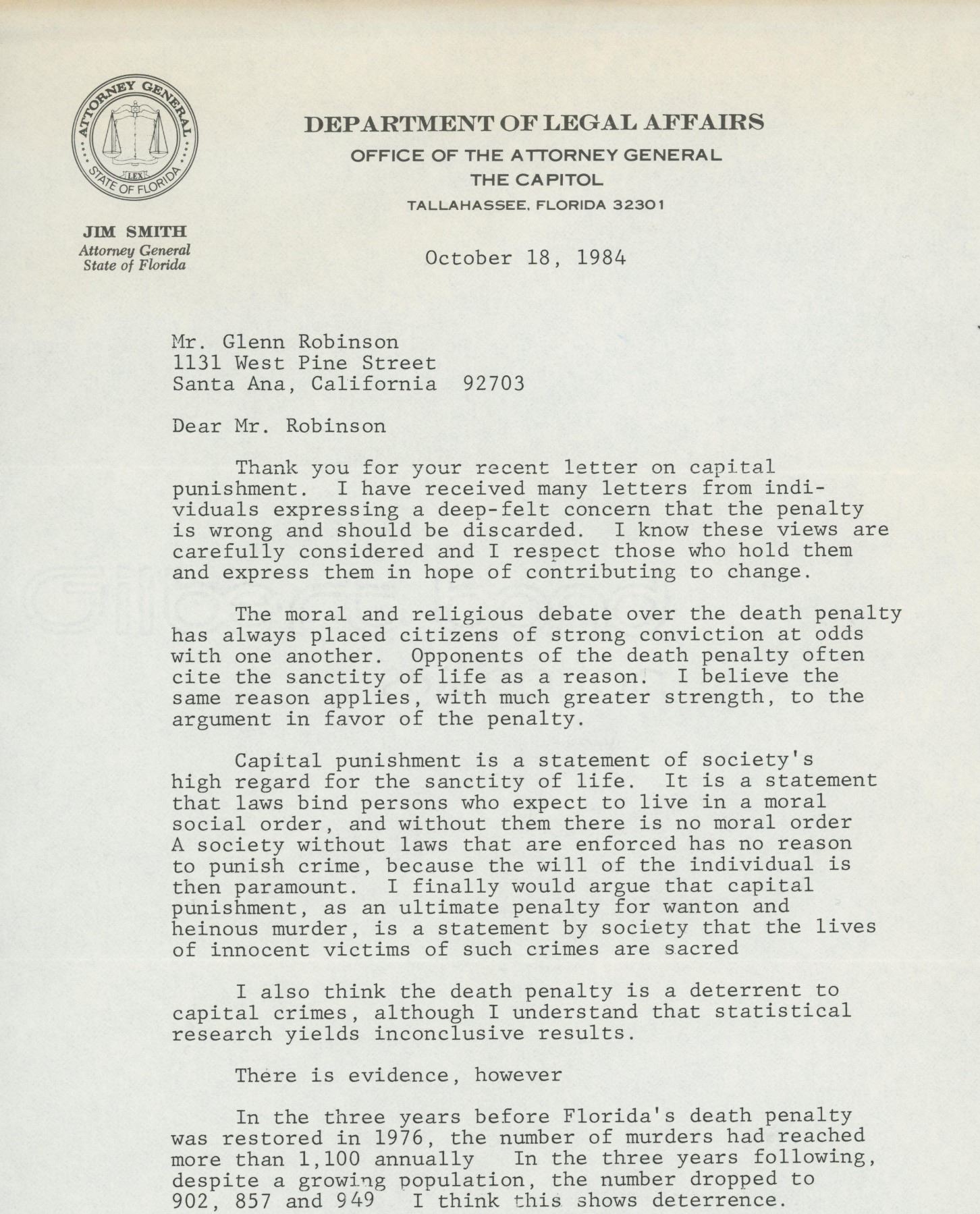 Jim Smith Florida Attorney General signed letter