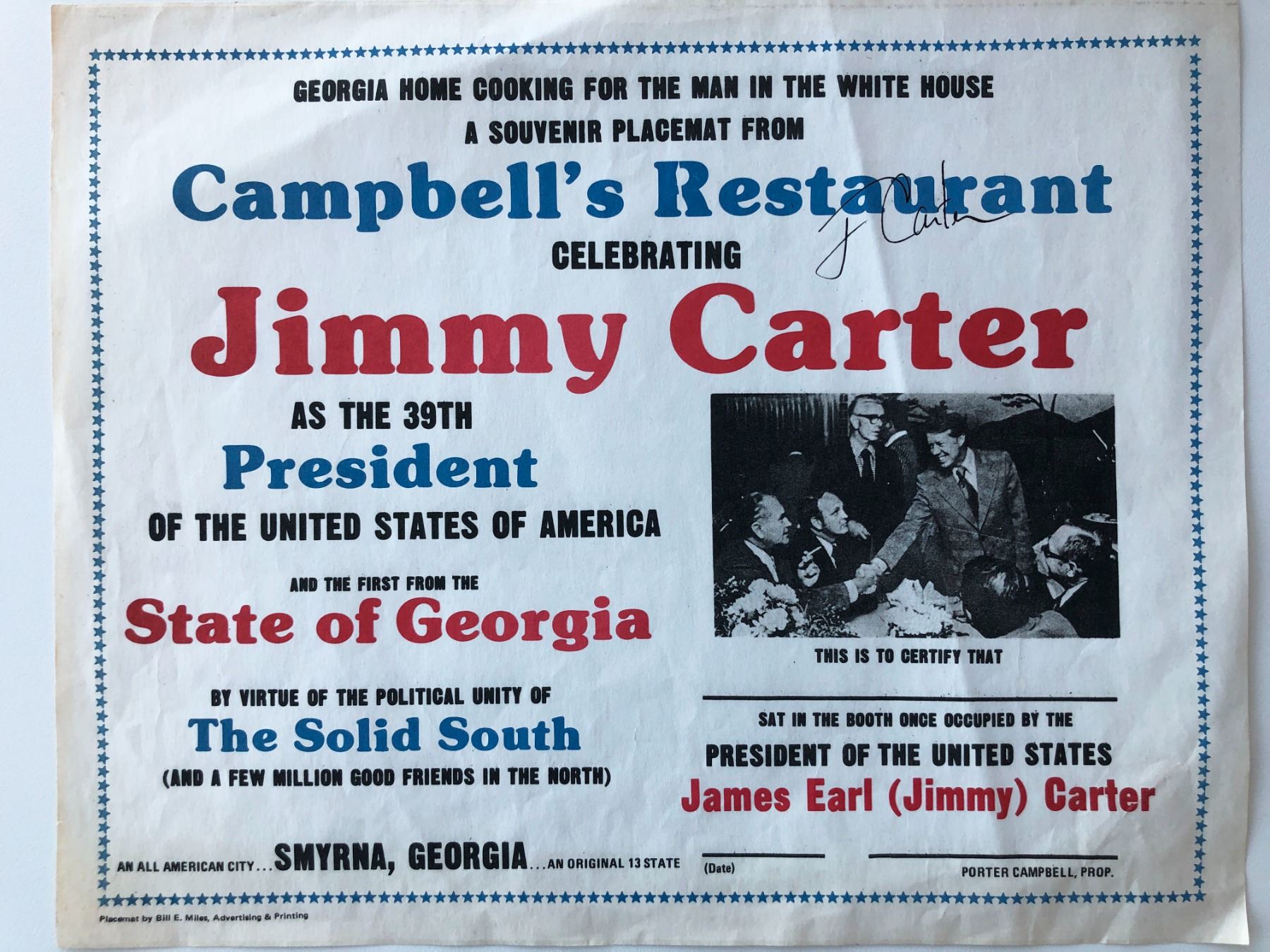 Jimmy Carter signed souvenir placemat. GFA Authenticated Jimmy Carter signed souvenir placemat. GFA Authenticated