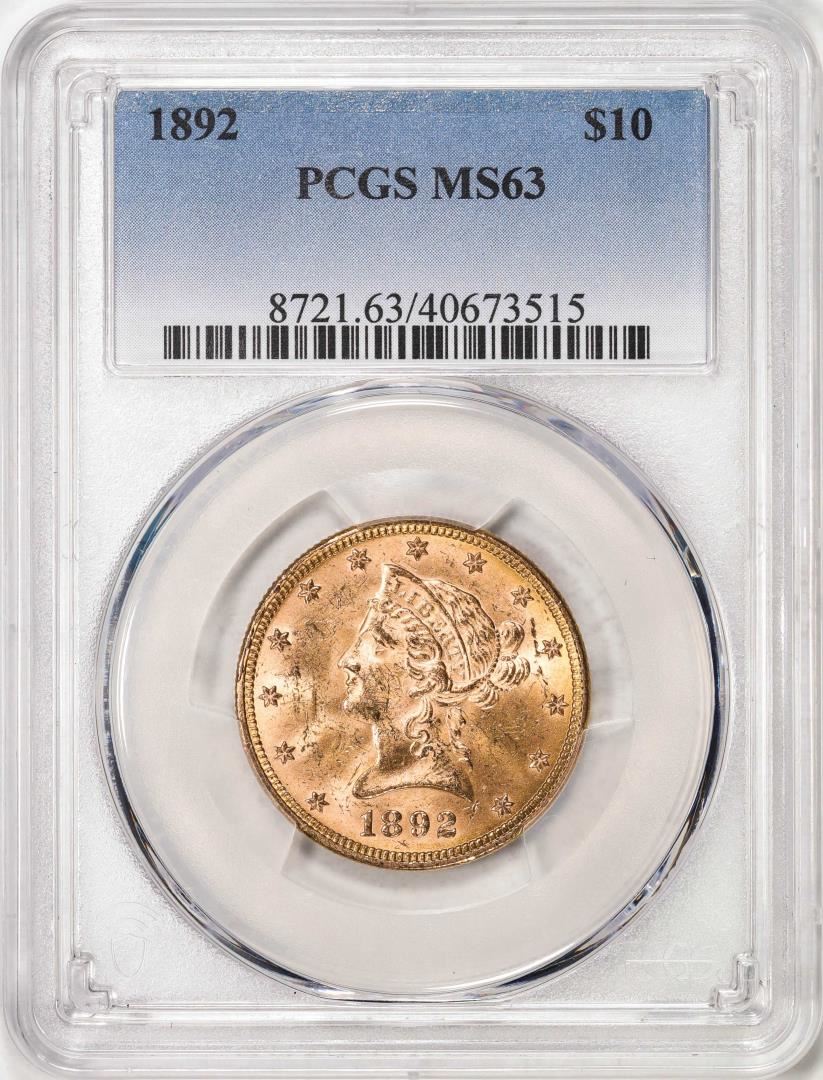 1892 $10 Liberty Head Eagle Gold Coin PCGS MS63