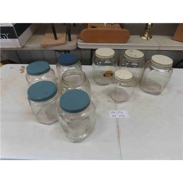 9 Pantry Jars with Lids - 1 lid missing 9 Pantry Jars with Lids - 1 lid missing