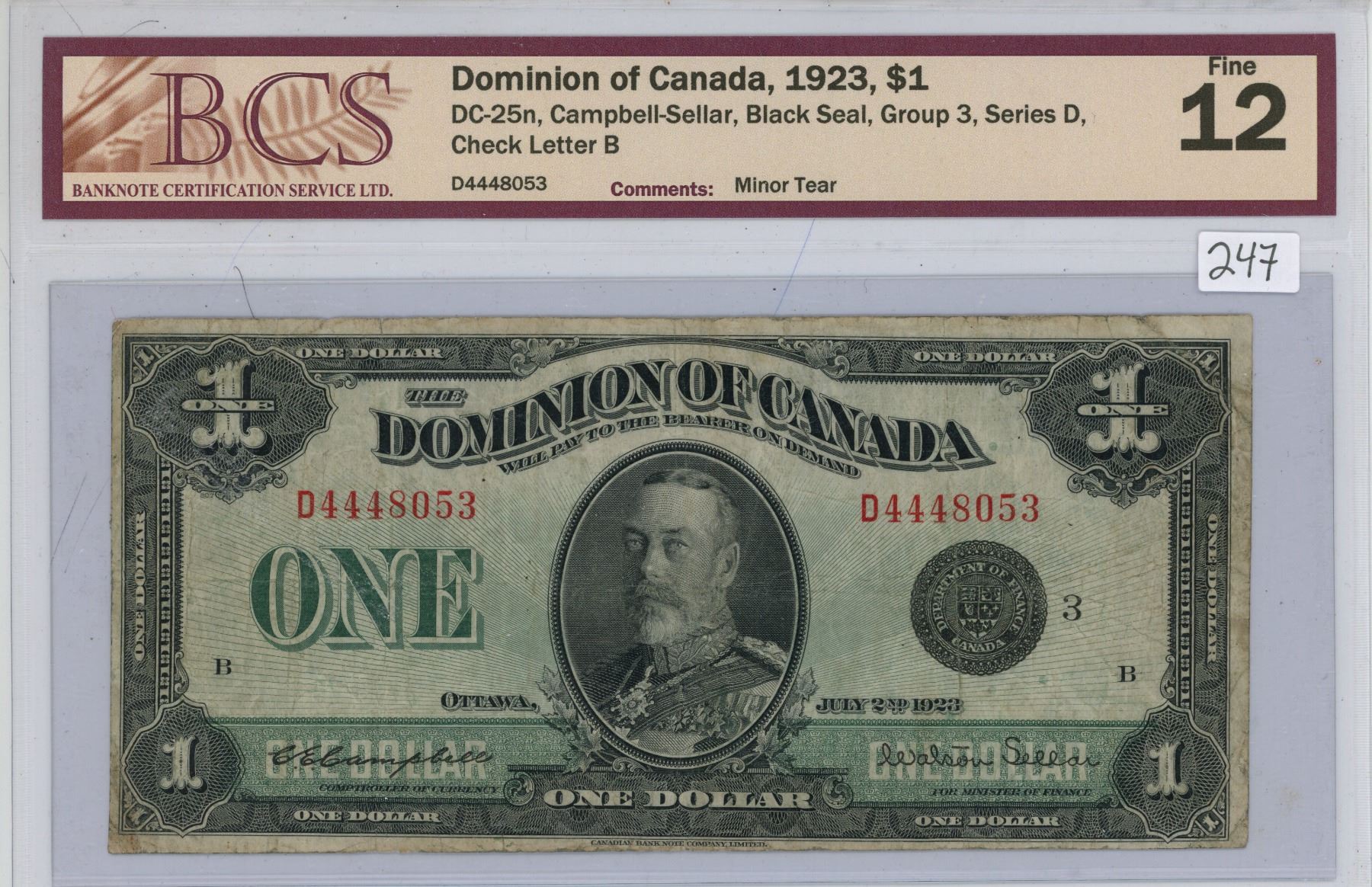 1923 BCS graded, Dominion of Canada 1 dollar bill - Campbell/Sellar ...