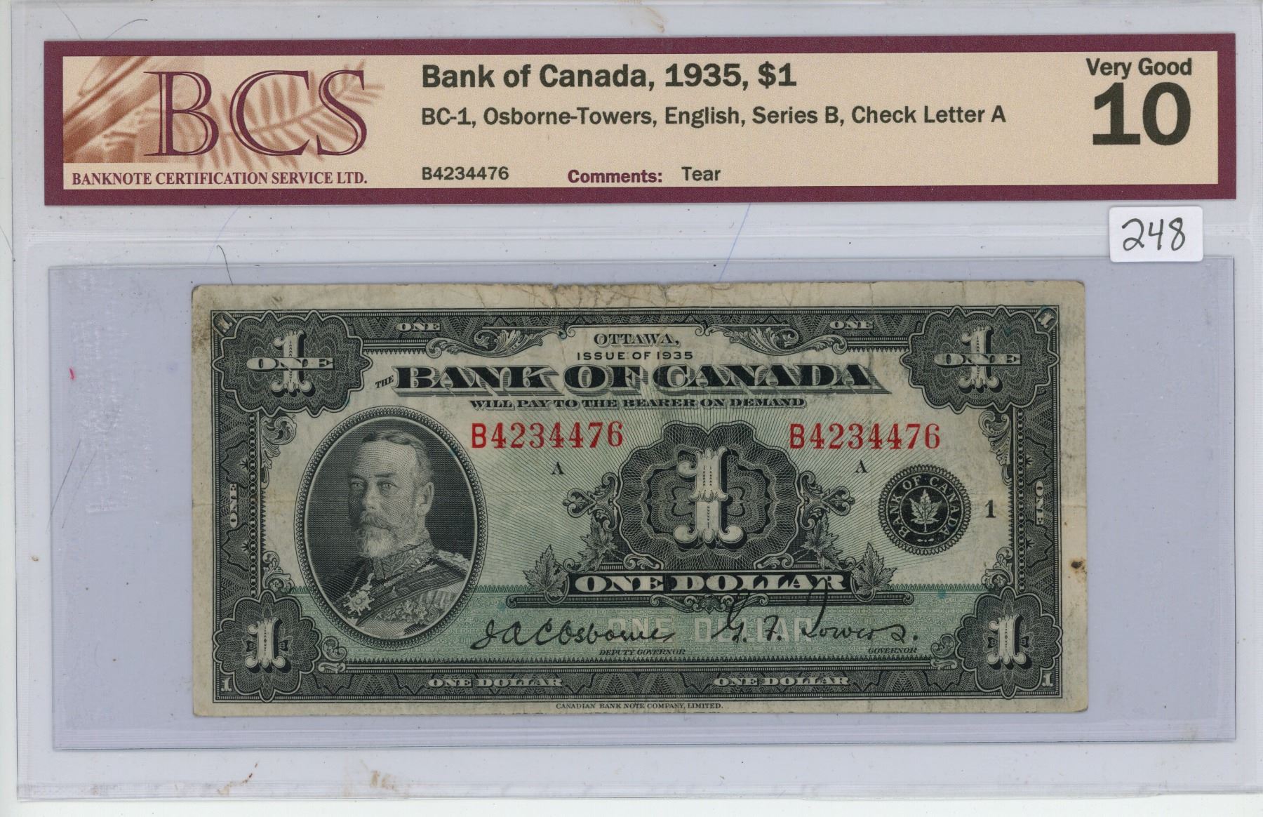 1935 BCS graded, Bank of Canada 1 dollar bill - Osborne/Towers - B4234476 - VG10 - Schmalz Auctions