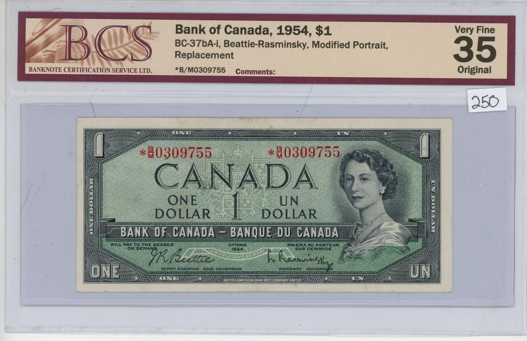 1954 BCS graded, Canadian 1 dollar replacement bill - Beattie/Rasminsky - B/M 0309755 - VF35 ...
