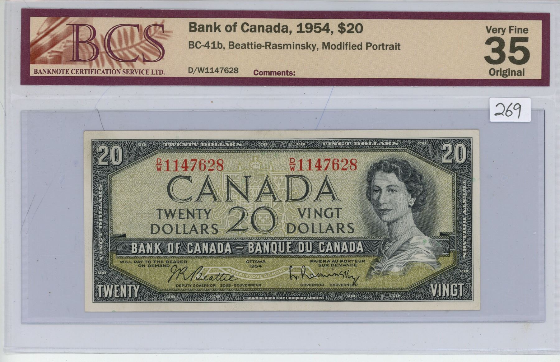 1954 BCS graded, Canadian 20 dollar bill - Beattie/Rasminsky - D/W 1147628 - VF35 - Schmalz Auctions