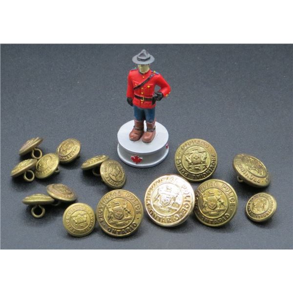 Vintage Ontario Provincial Police Uniform Buttons & Figure