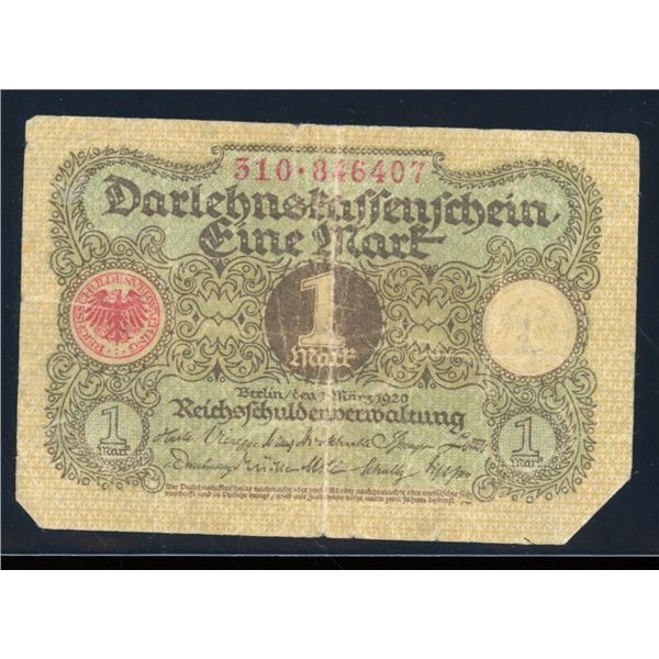 1 Mark Germany 1920 Banknote Serial #510846407