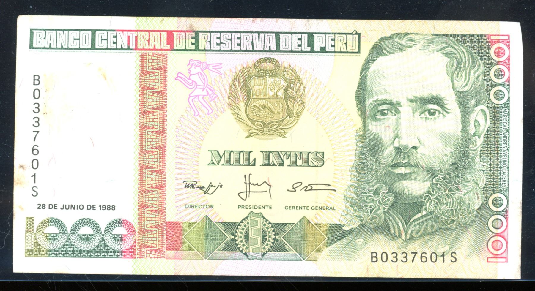 1988 Central Bank Of Peru 1000 Mil Intis Banknote Serial #B0337601S
