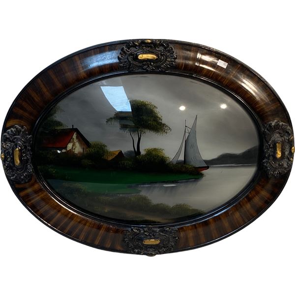 Oval Convexed Reverse Painted Glass Sait Boat Docked At House