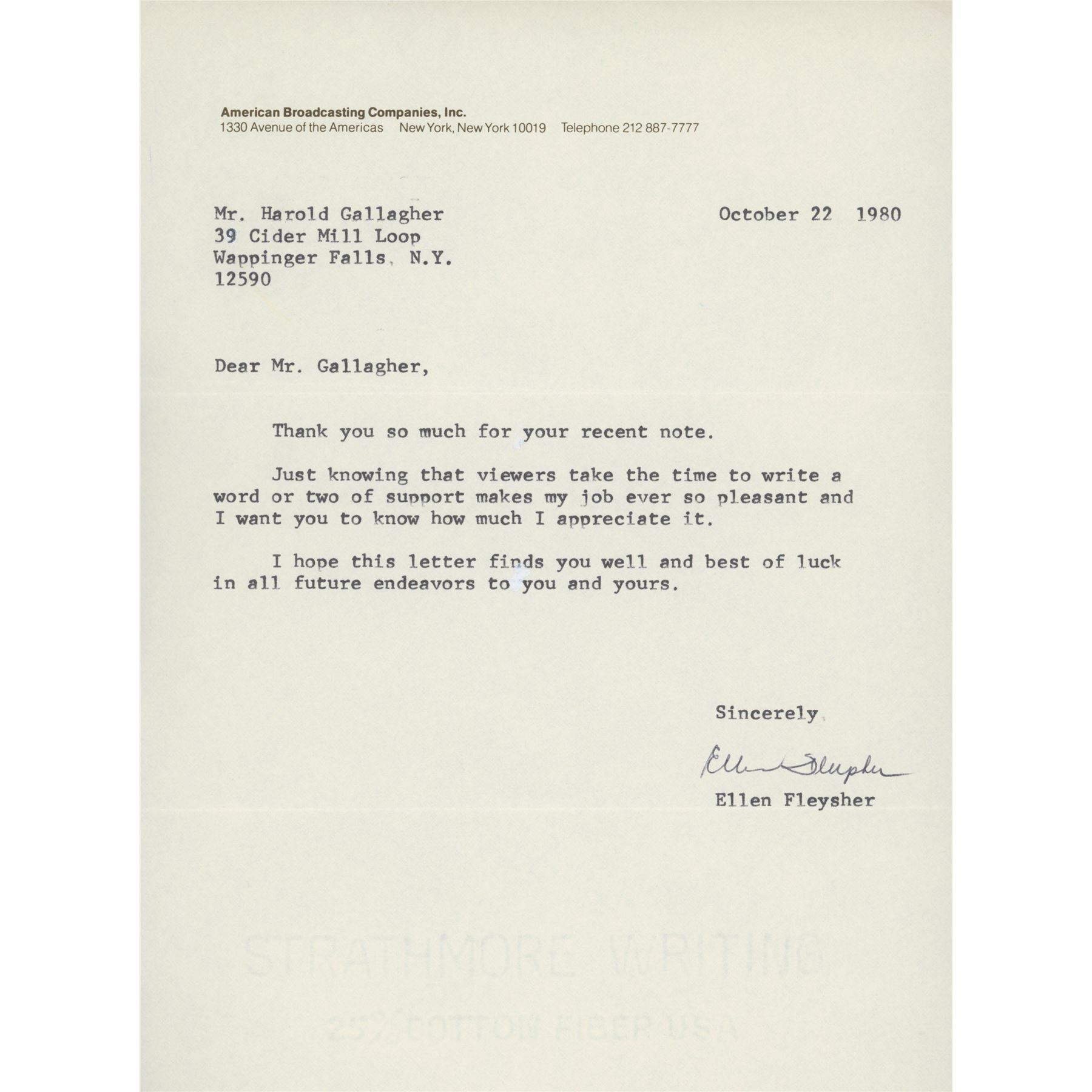 Ellen Fleysher signed letter