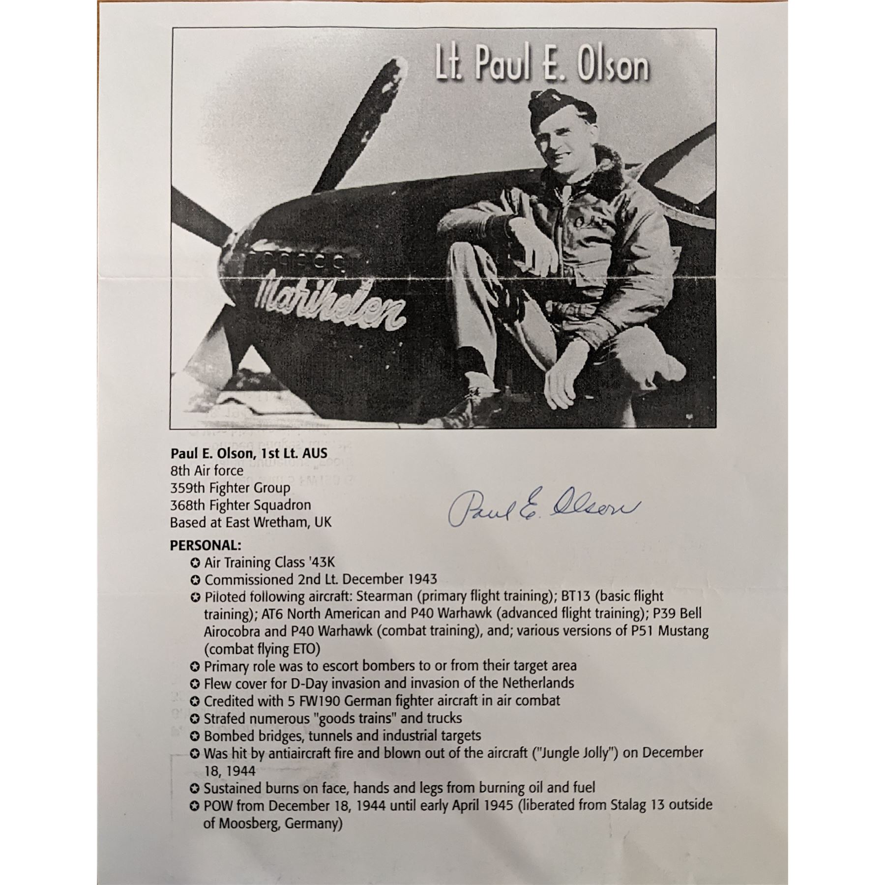 WW2 Pilot Paul E. Olson Signed Page