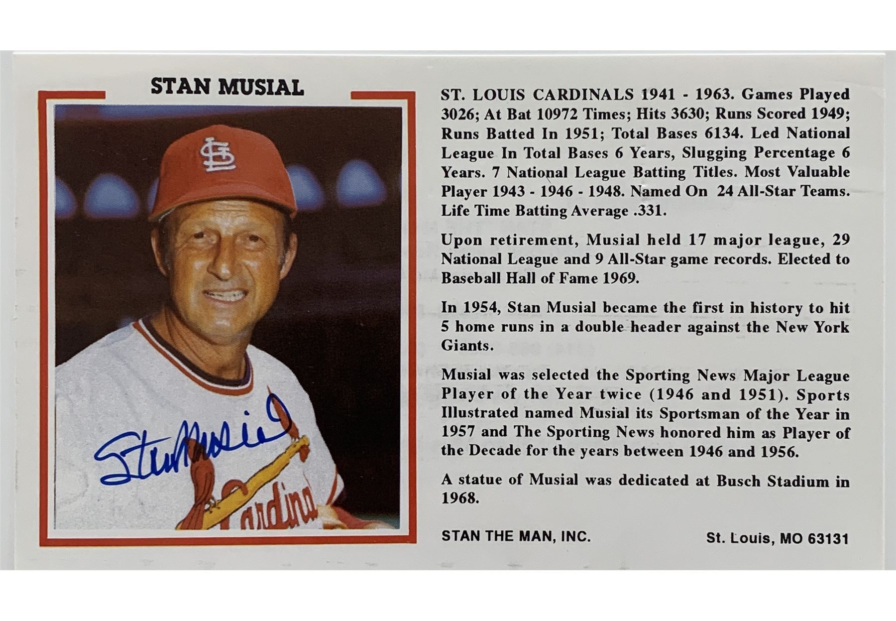 Stan Musial signed stat card