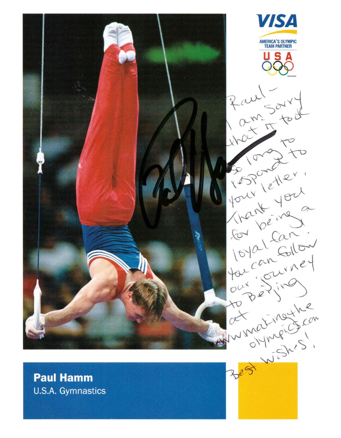 Olympian Paul Hamm signed photo and note