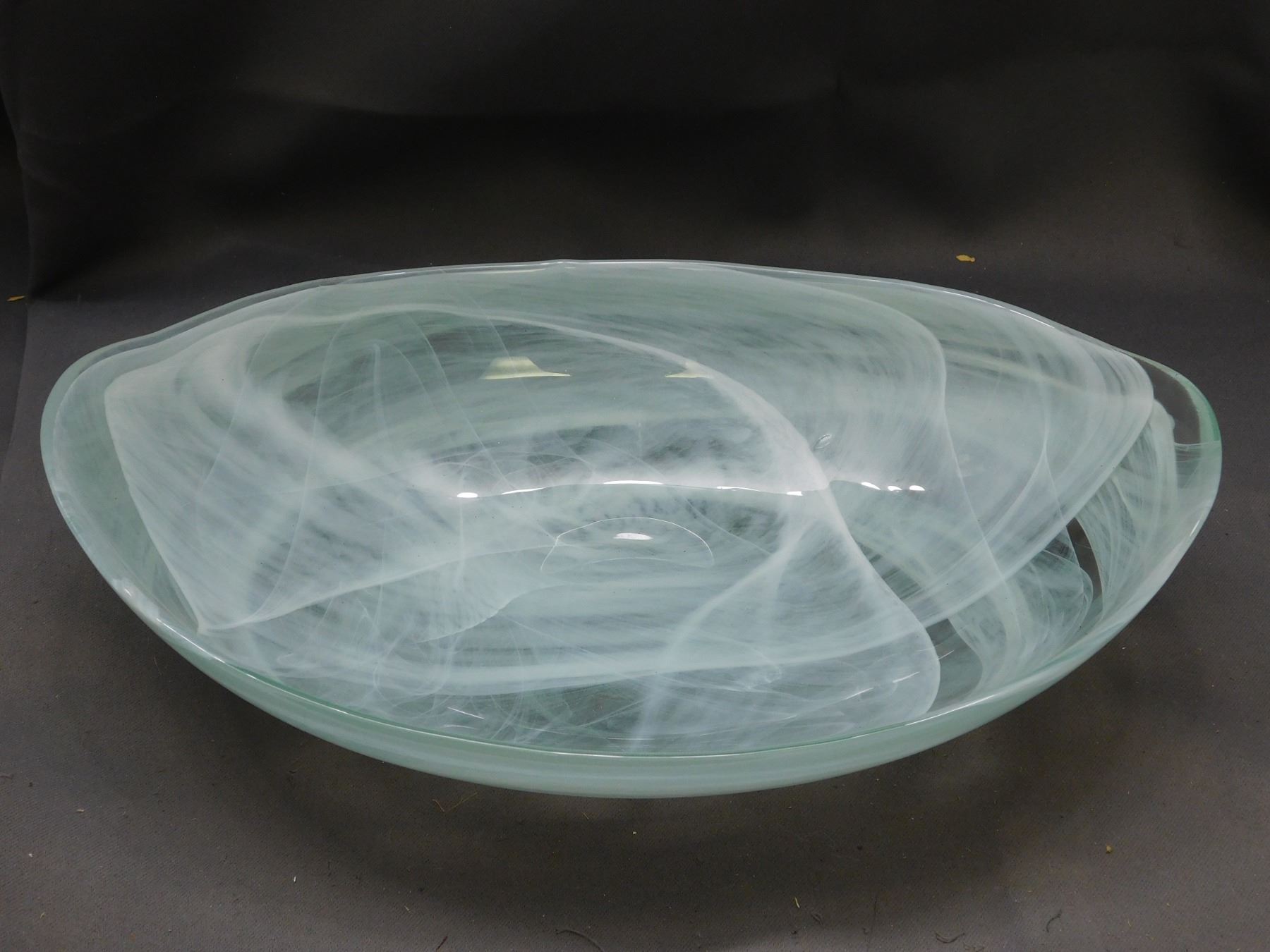 Spun Art Glass Oval Dish Off White Blue