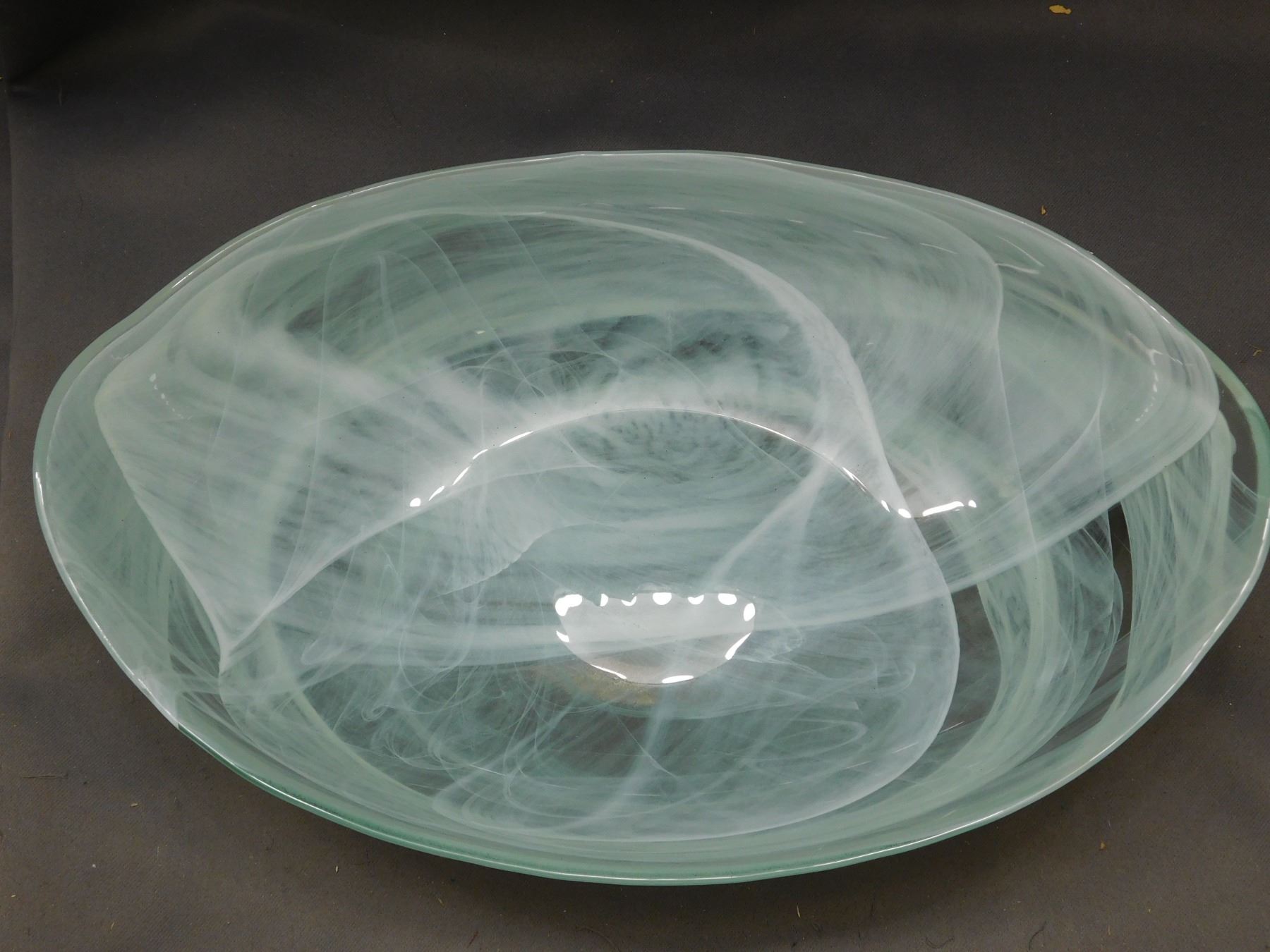 Spun Art Glass Oval Dish Off White Blue