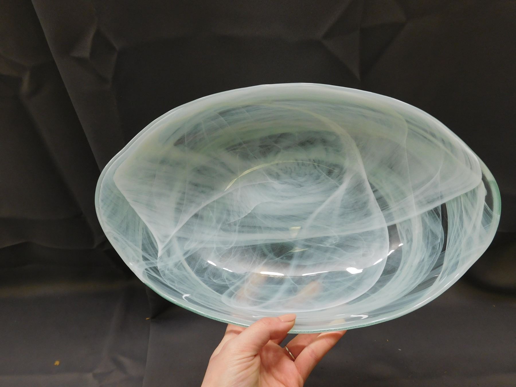 Spun Art Glass Oval Dish Off White Blue