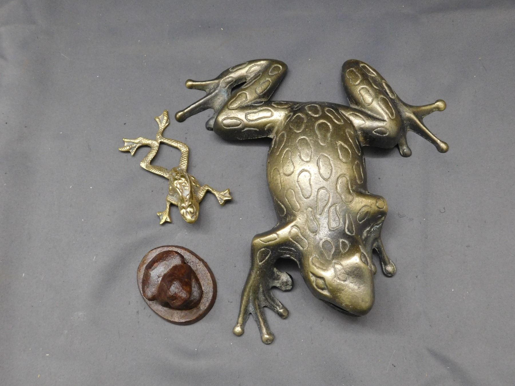 Lot of 3 Brass & Cast Iron Frogs Metal Figurines
