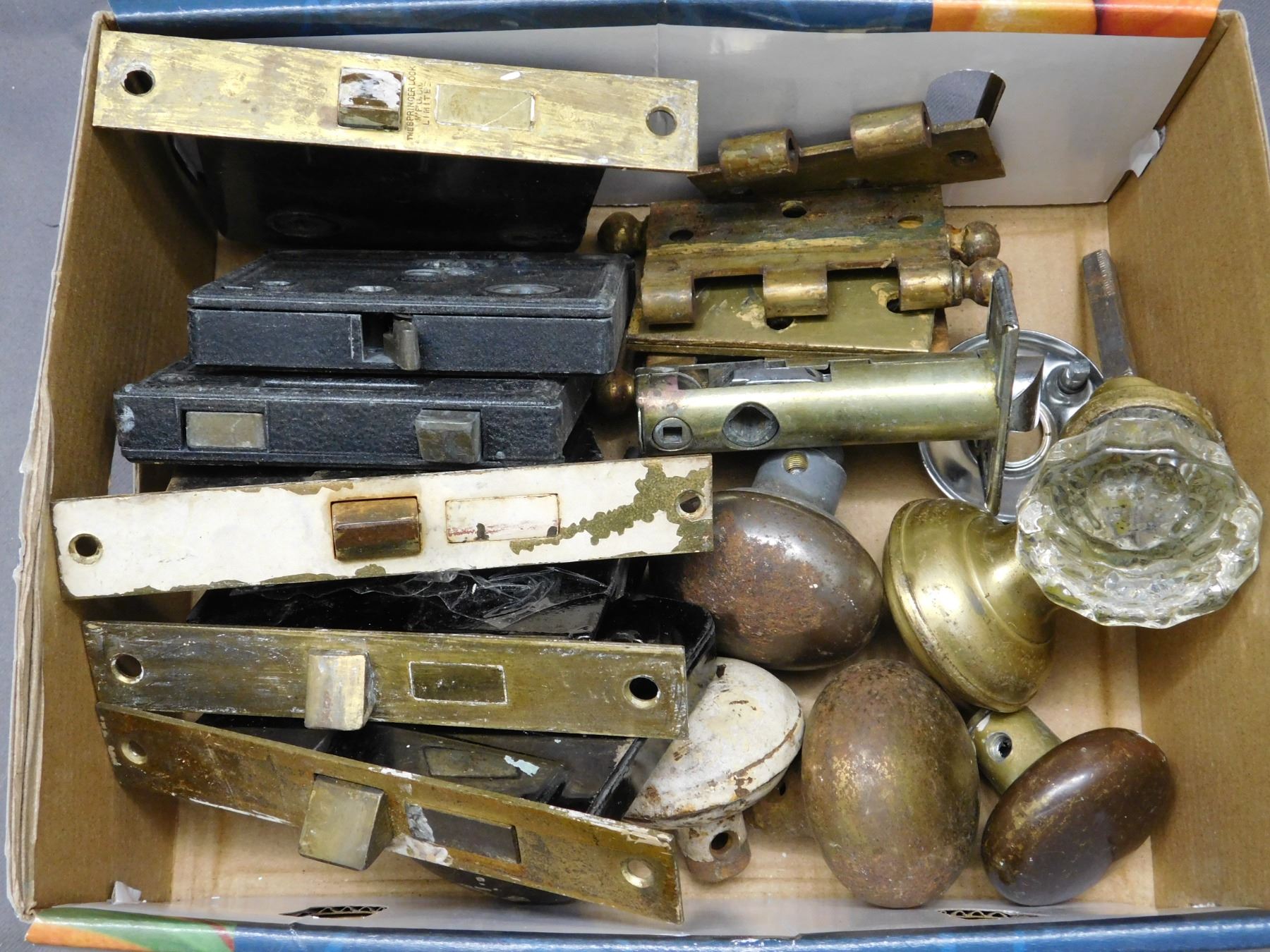 Lot of Vintage Brass & Glass Door Knobs, Locks, Hinges