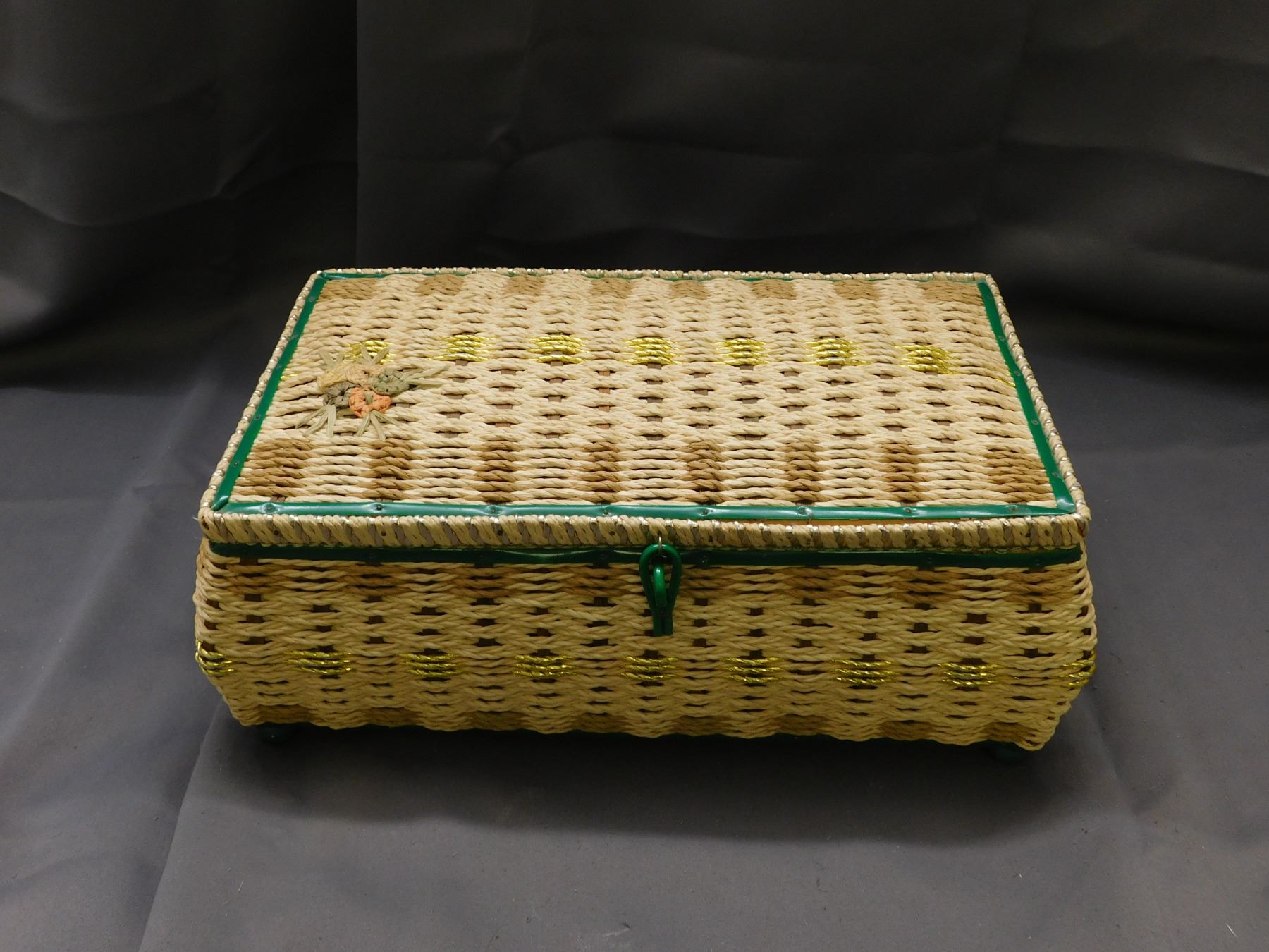 Vintage Musical (works) Sewing Basket/Jewelry Box 8” W, X 13” L, X 4” D.