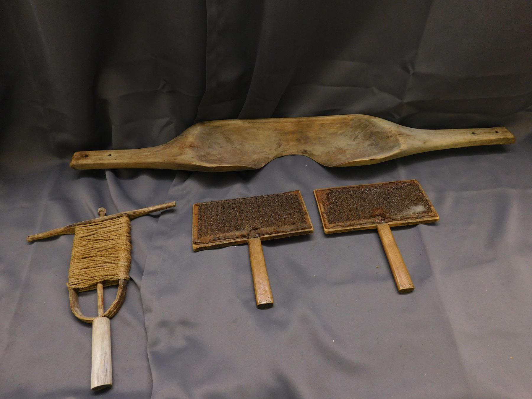 Lot of Primitive Wooden Farm Tools Human Yoke, Sheep Brush, Yarn Holder ...