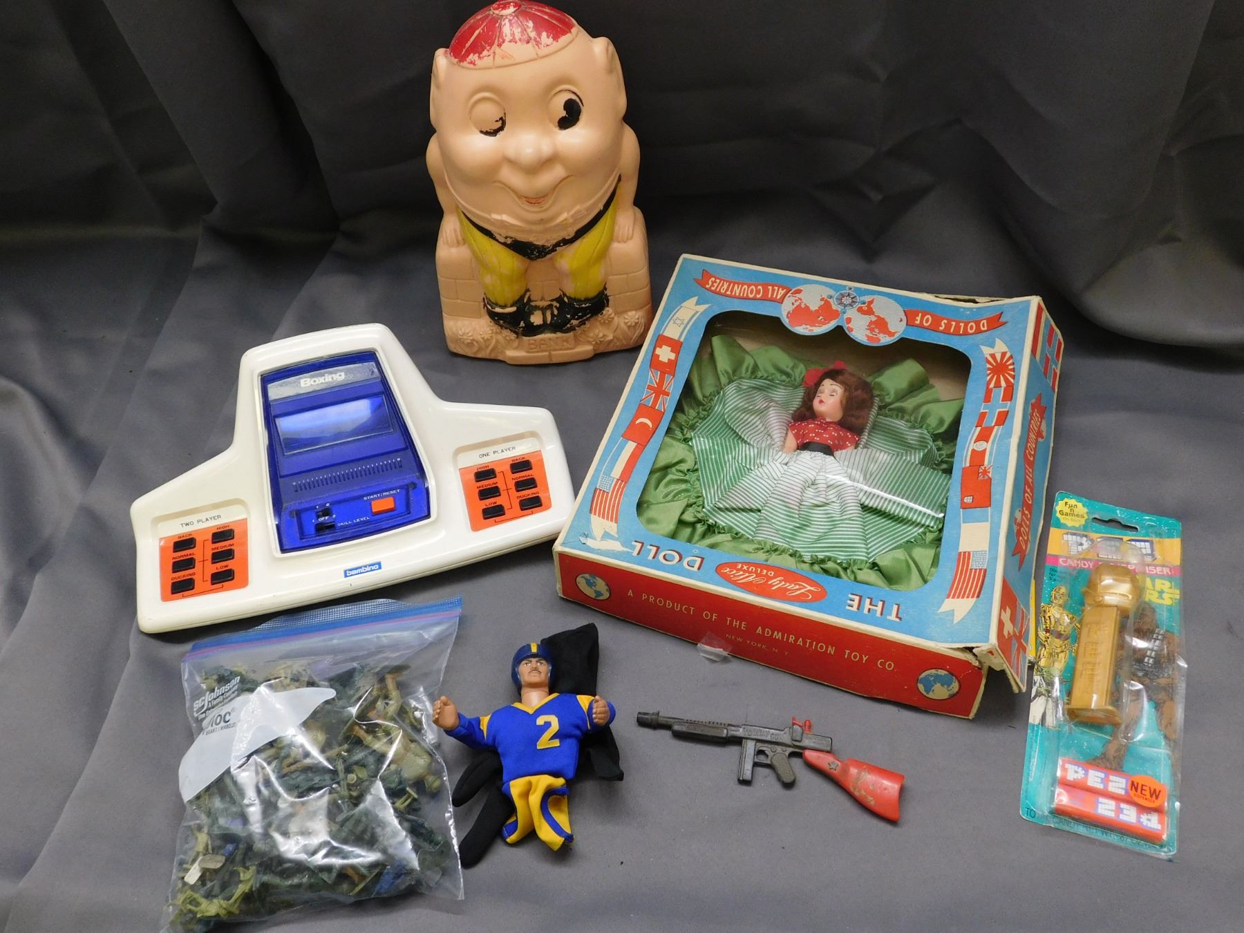Box of Vintage Toys Lady Alice Doll, Humpty Dumpty, Army Men, PEZ ...