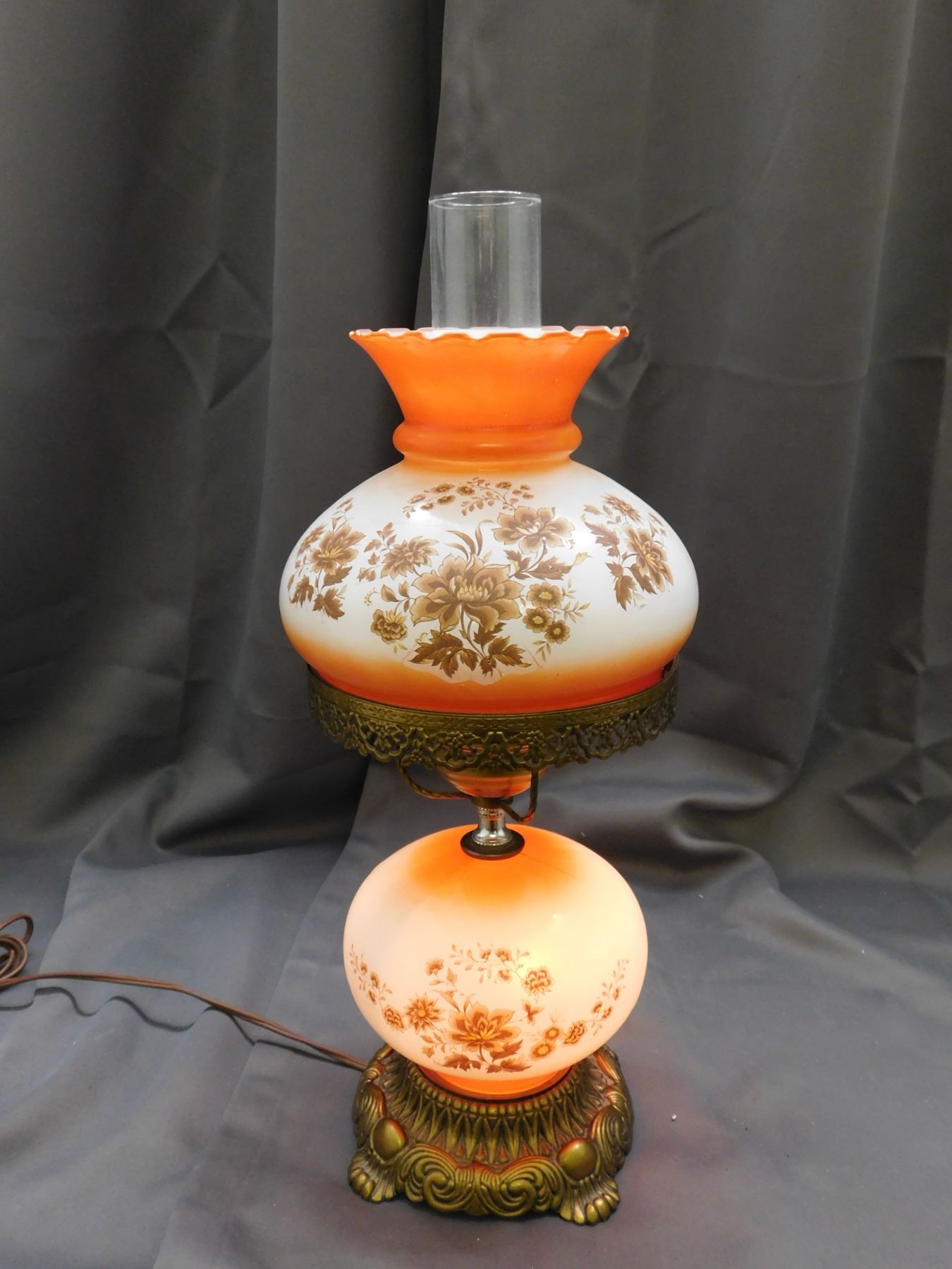 Vintage Hurricane Double Desk Lamp White Glass with Orange Detail *works