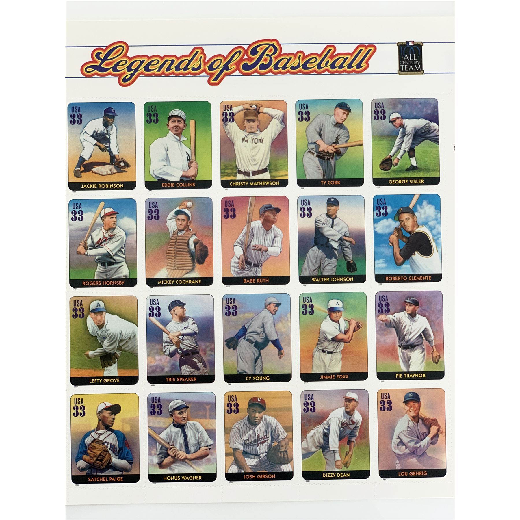 Legends of Baseball, Full Sheet of 20 x 33-Cent Postage Stamps, USA ...