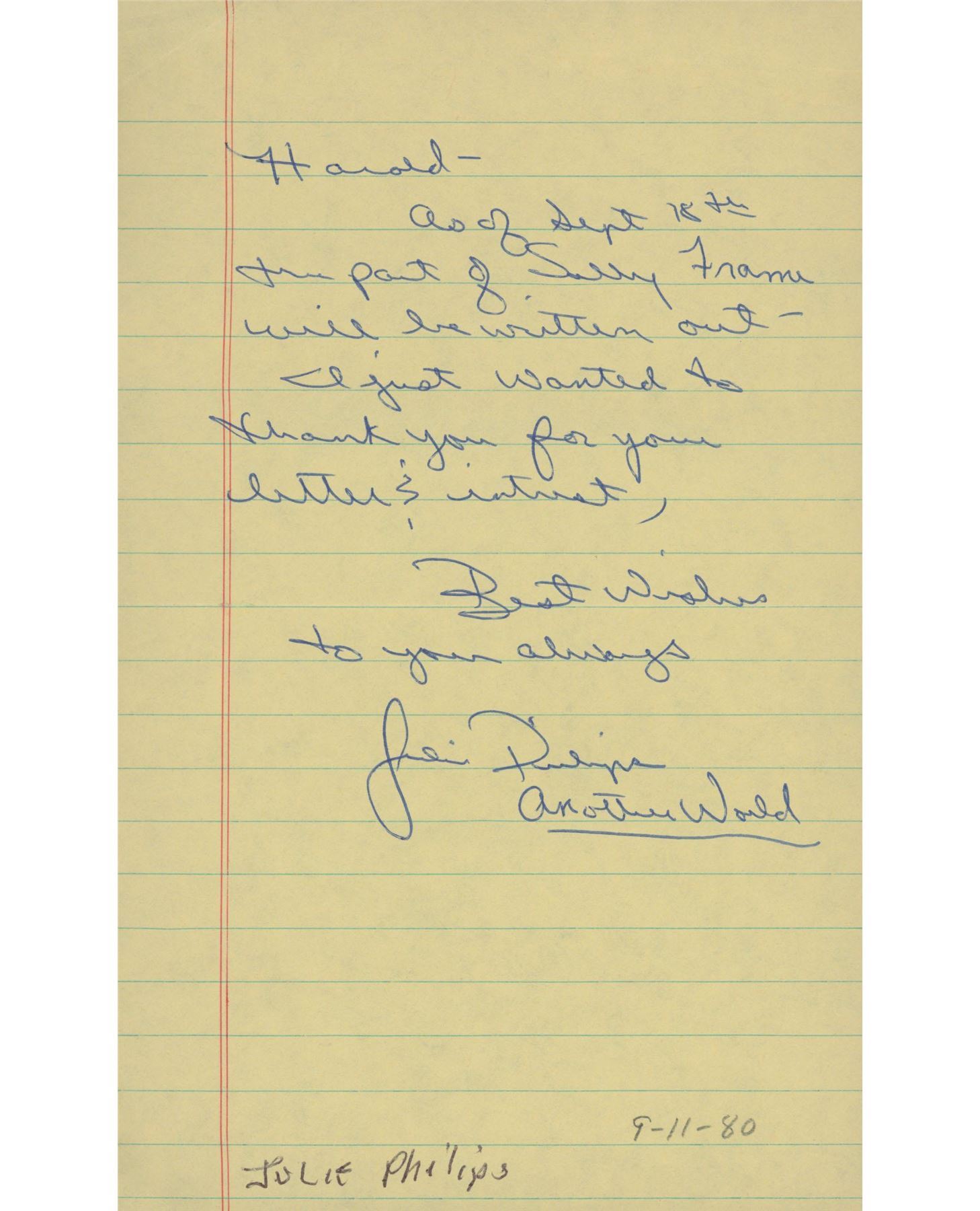 Julie Phillips signed note