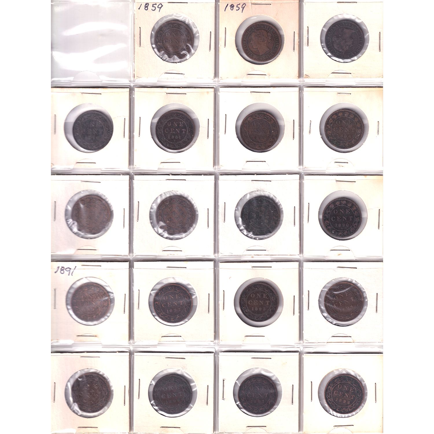 1-cent 1859-1974 Bulk Collection in 6x 20-Pocket Sheets in Binder. 100pcs.