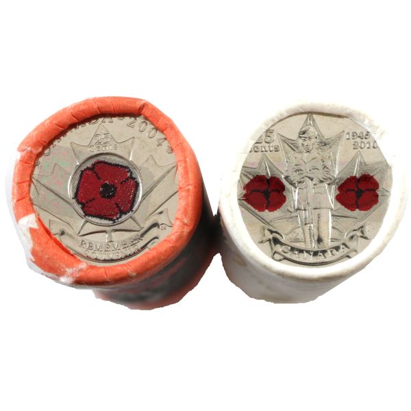 25-cent 2004 & 2010 Coloured Poppy Quarter Rolls of 40pcs. 2 Rolls.