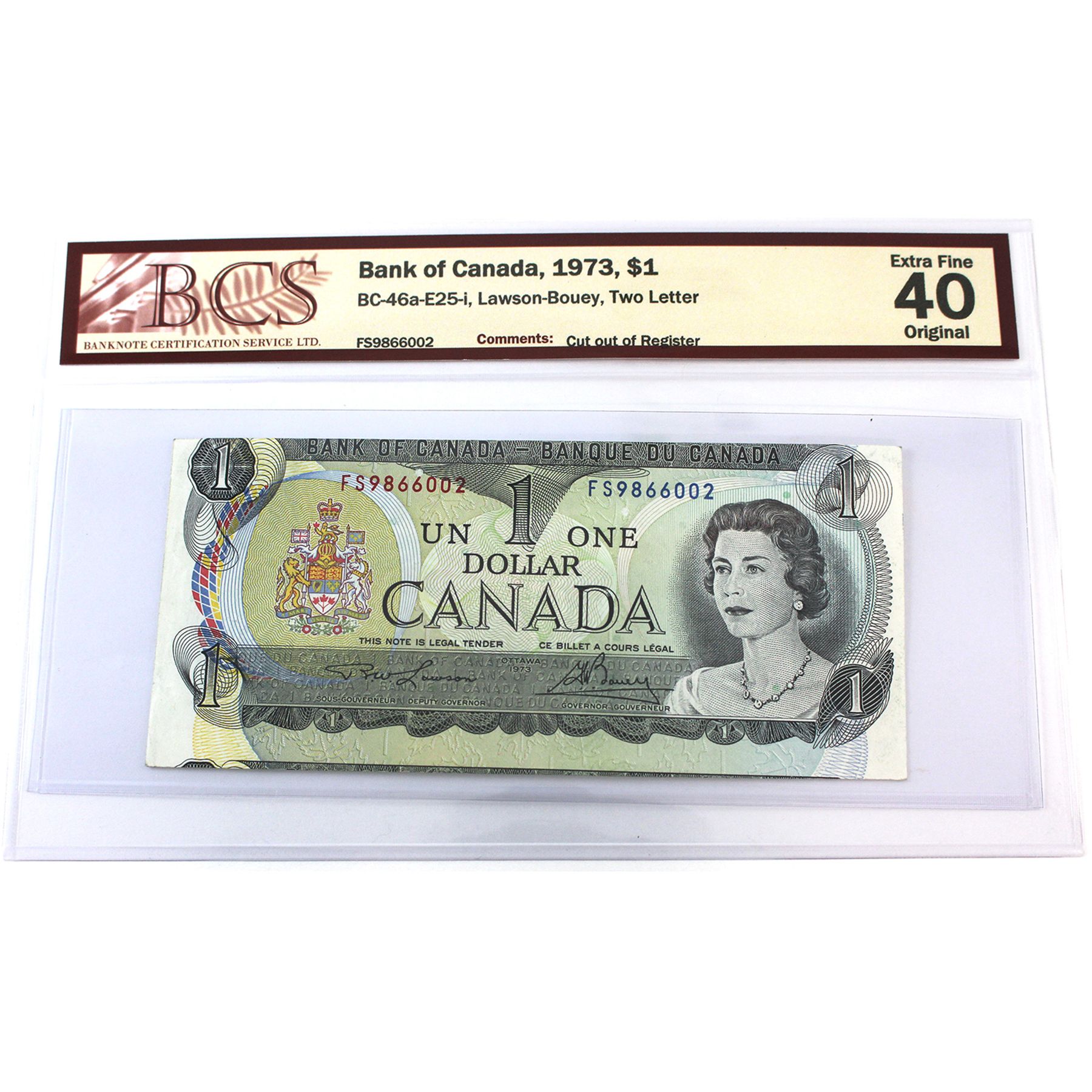 ERROR BC-46a-E25-i 1973 $1 BCS EF40 Cut Out of Register Lawson-Bouey, Two Letter SN: FS9866002