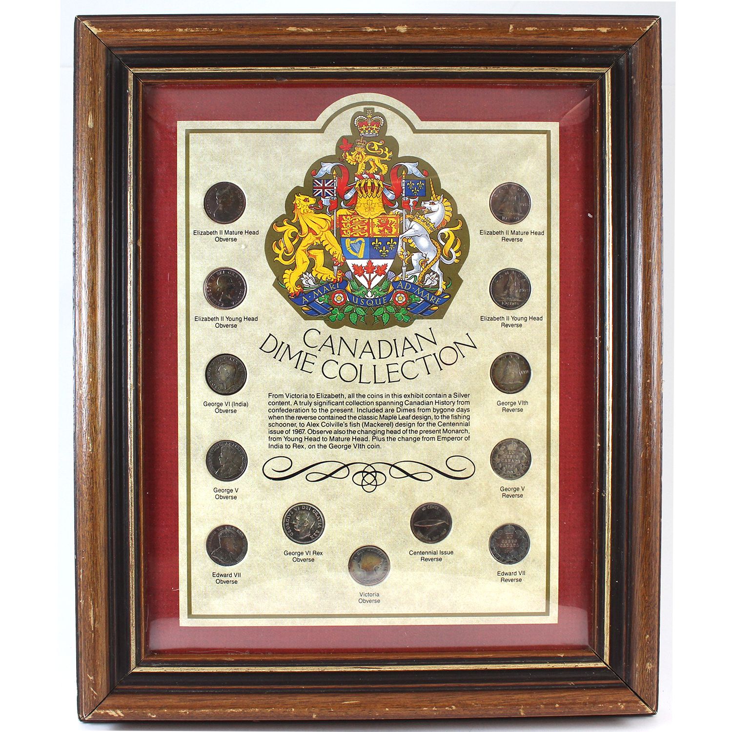 *Canadian Dime Collection 13-Coin Set In Wooden Frame.