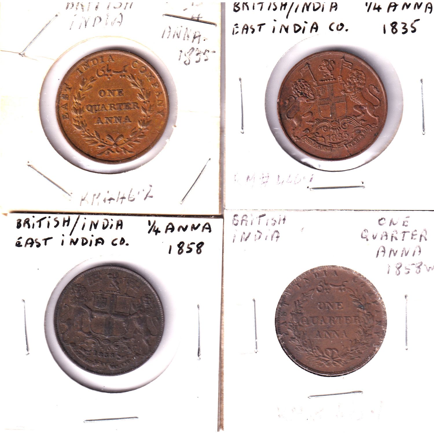 4x British India East India Co. 1835-1858 1/4 Anna. Estimated Grades XF ...