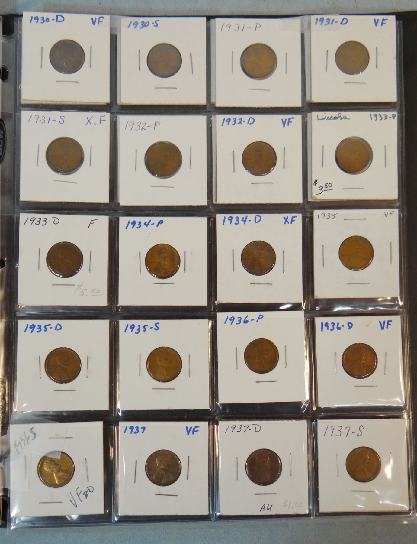 Lincoln Penny set, 88 coins, 1909-1940-S PDS, complete except for the ...