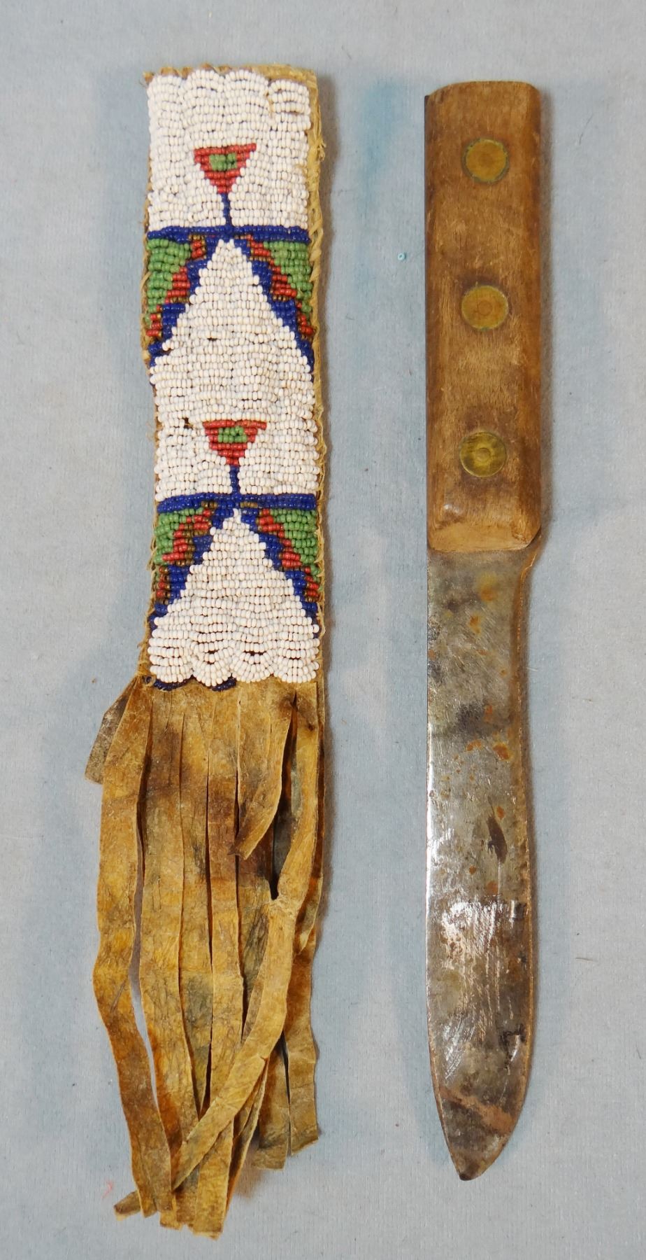 Ute beaded whetstone knife case w/old trade knife, beads strung ...