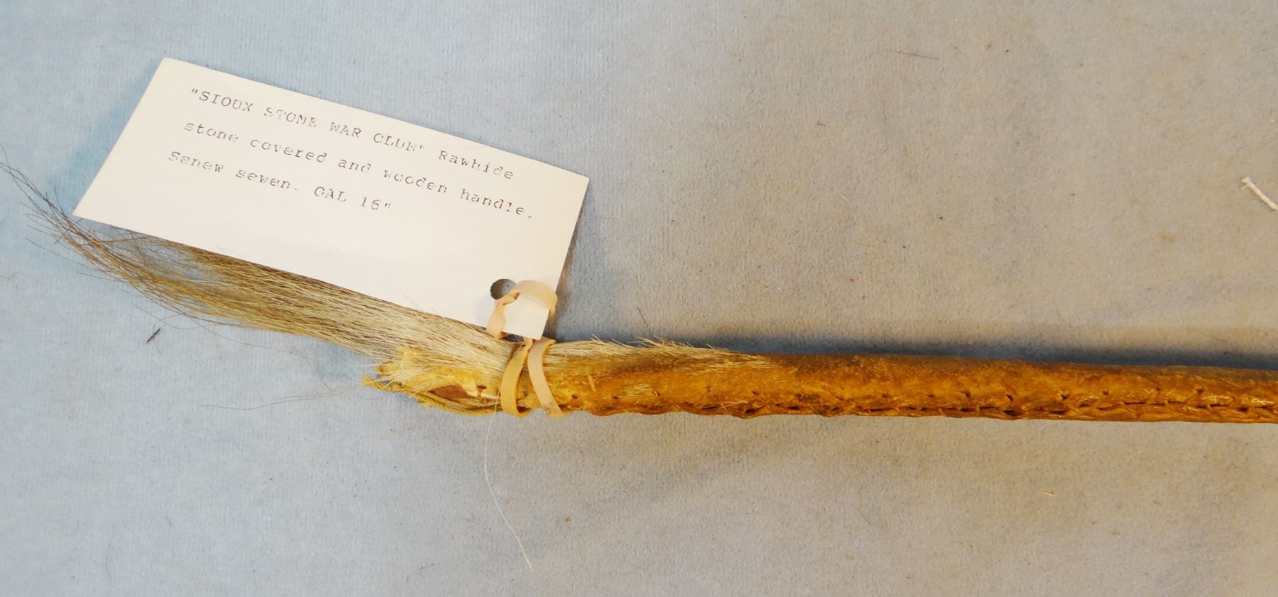 Sioux stone war club, rawhide covered stone, 16", sinew sewn