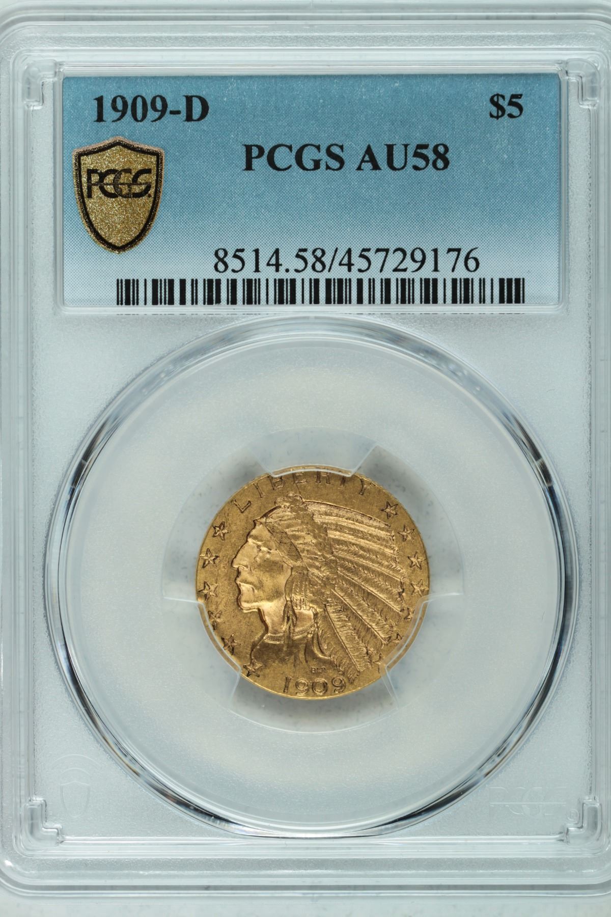 1909 S $5 Indian Head gold coin, PCGS AU58. Estimate: $950-1100