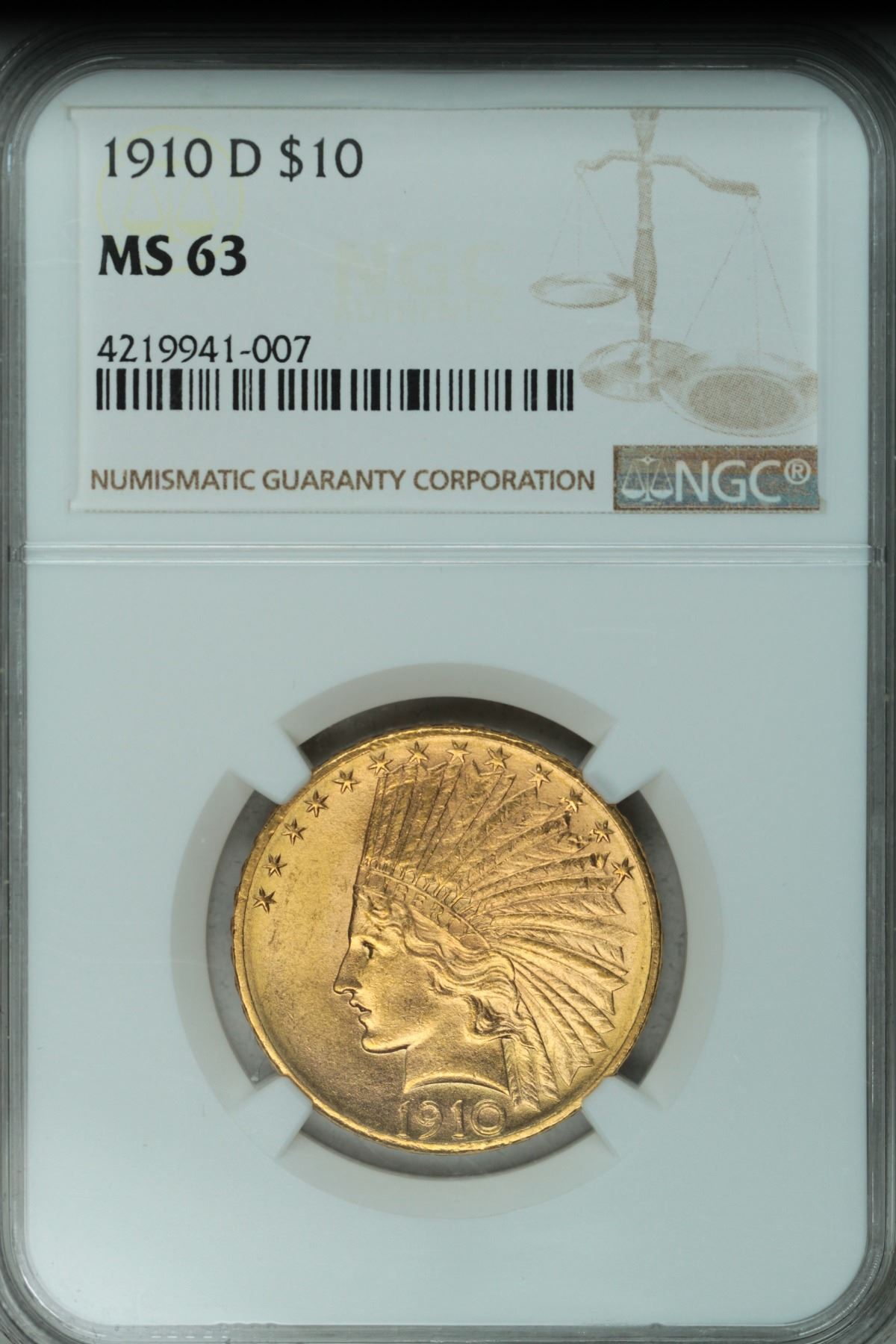 1910 D $10 Indian Head gold coin, NGC MS63. Estimate: $2000-2150