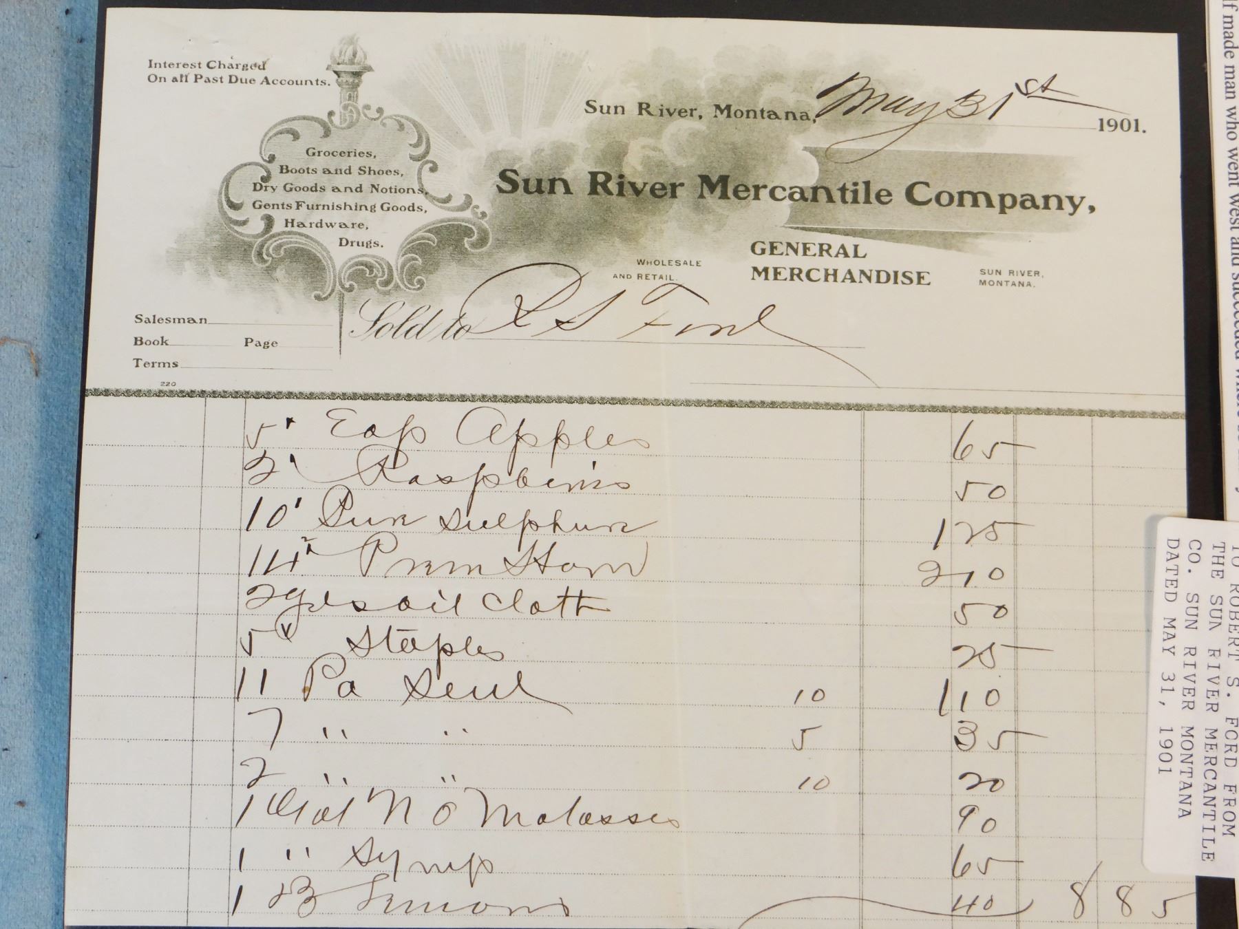 1901 Sun River Mercantile receipt