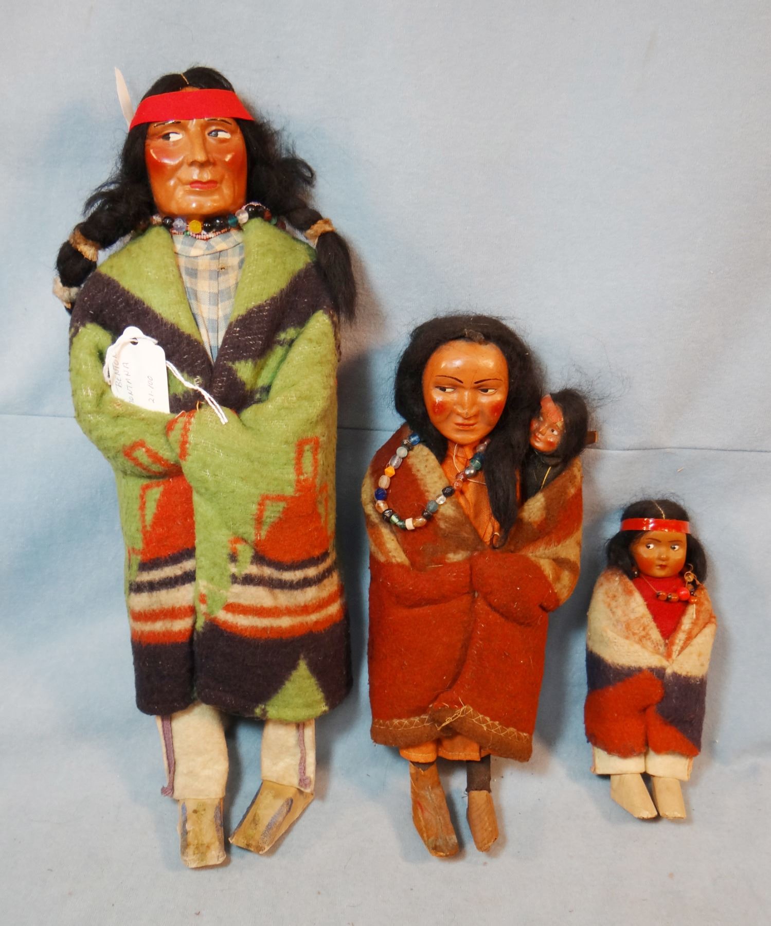 (3) skookum dolls, 15", 10" and 7", from Mary McAbay, Missoula, MT