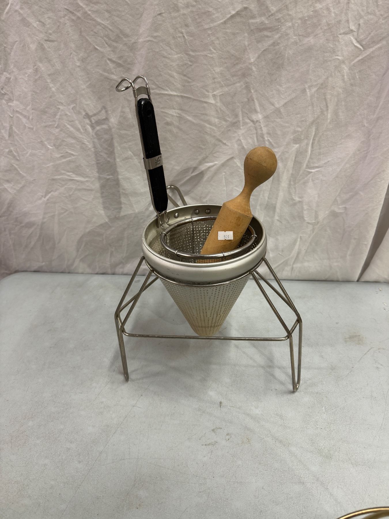Steel Frame Cone Sieve Food Mill Wood Pestle & Stand Strainer Vintage