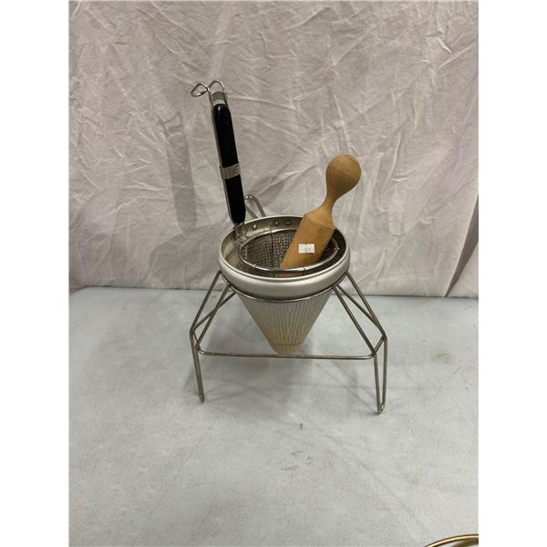 Steel Frame Cone Sieve Food Mill Wood Pestle & Stand Strainer Vintage