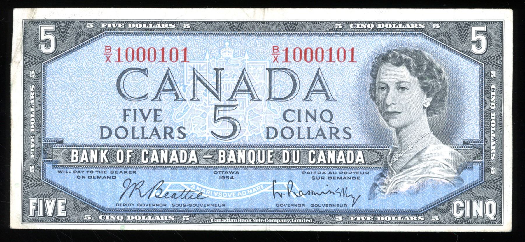 Canadian 1954 $5 Five Dollar Banknote Serial #BX1000101 Binary Serial ...