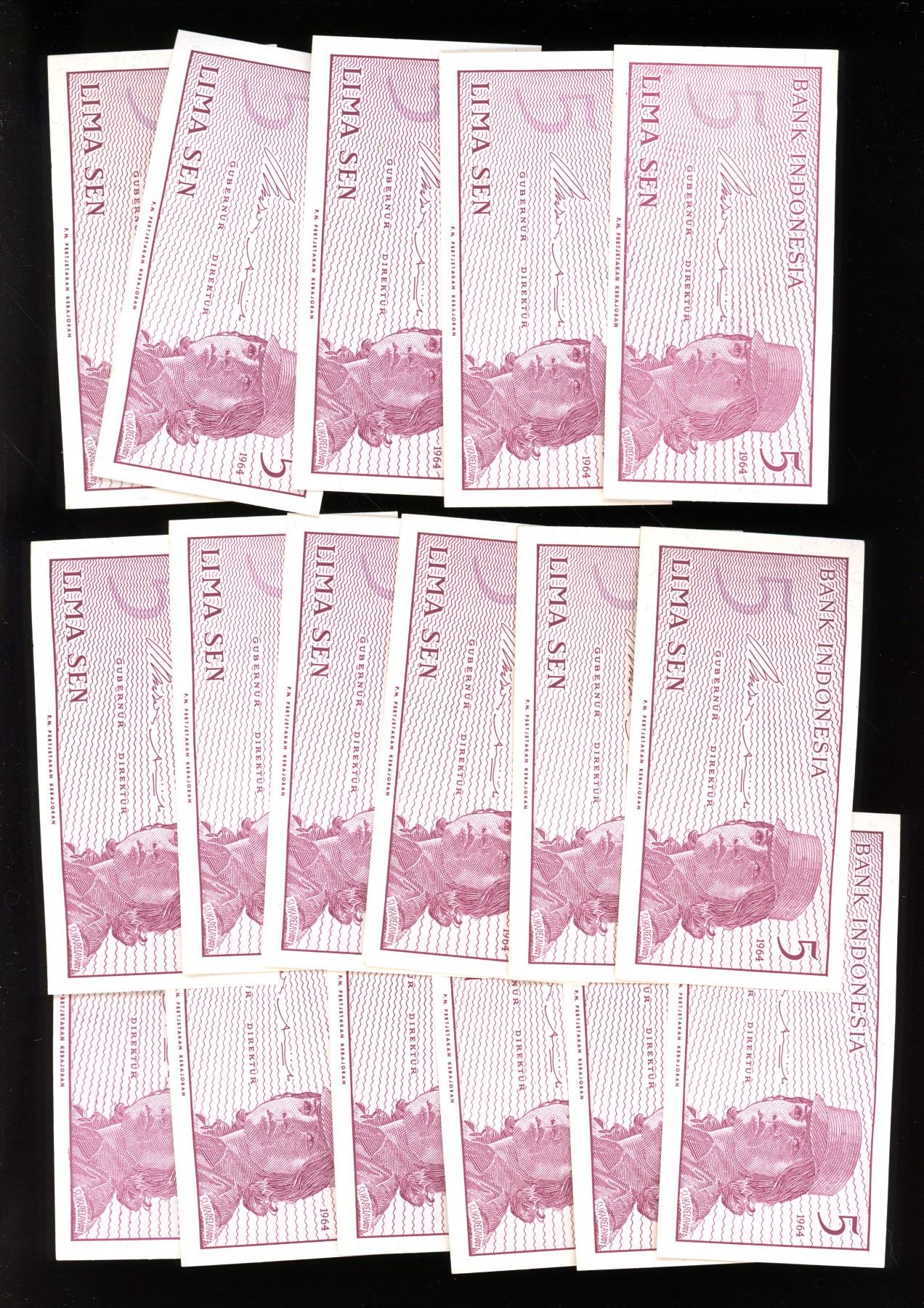 1964 Bank Of Indonesia $5 Lima Sen Banknotes x 17