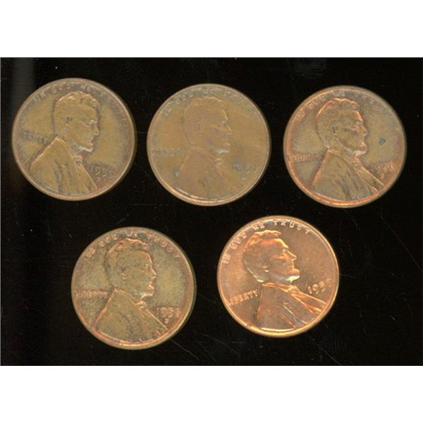 5 USA Pennies 1955, 1956, 1957, 1958, 1959
