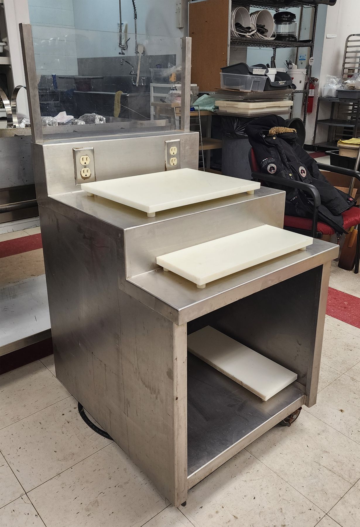 DUAL TIER ROLLING PREP TABLE W/ ELECTRICAL PLUGS