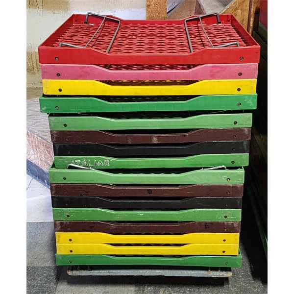 STACK OF BREAD TRAYS WITH ROLLING DOLLY