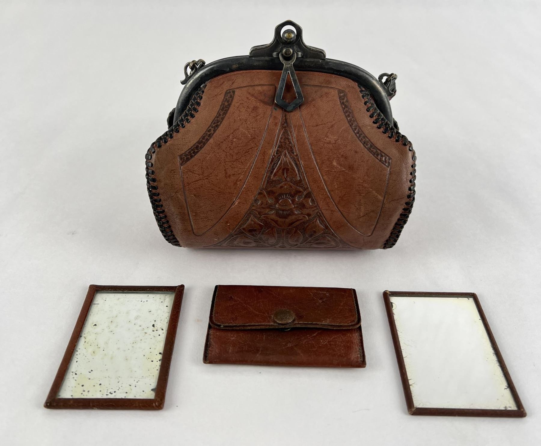 Art Nouveau Leather Purse with Mirrors & Wallet
